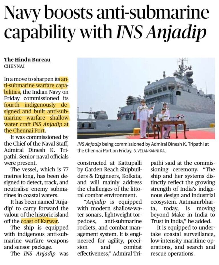 INS Anjadip Commissioned: Boost To Indian Navy Anti-Submarine Warfare ...